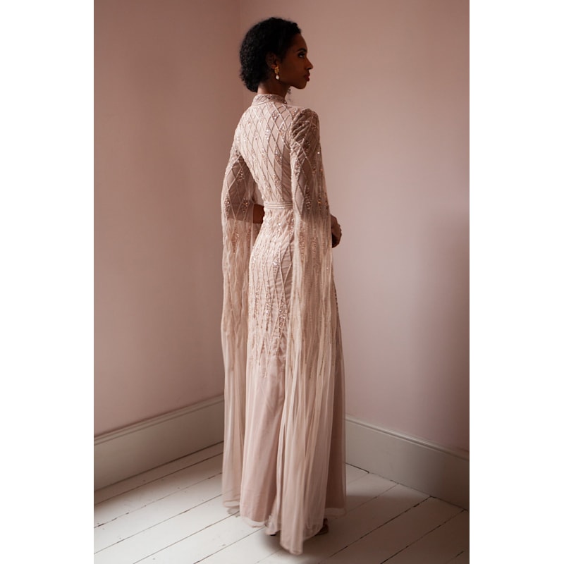 Shantel Neutral High Neck & Geometric Beading Throughout Body & Cape ...