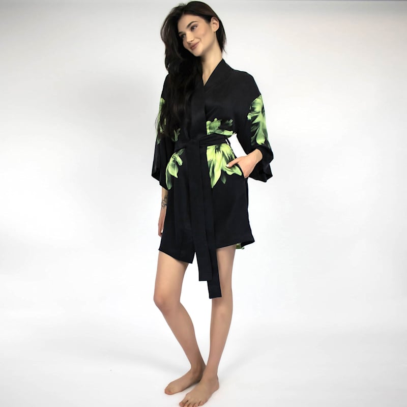 Silk Dreamscape Short Kimono Robe Black Flower | Nokaya | Wolf & Badger