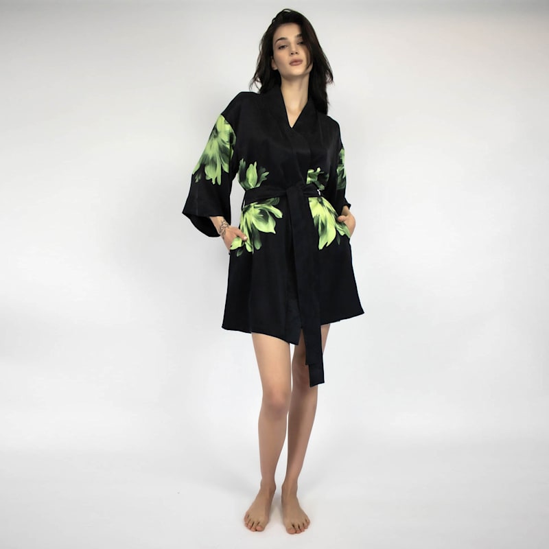 Silk Dreamscape Short Kimono Robe Black Flower | Nokaya | Wolf & Badger