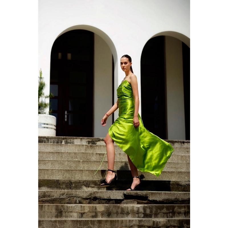 Silk Ruched Bungee Dress - Green | Formula S7 | Wolf & Badger