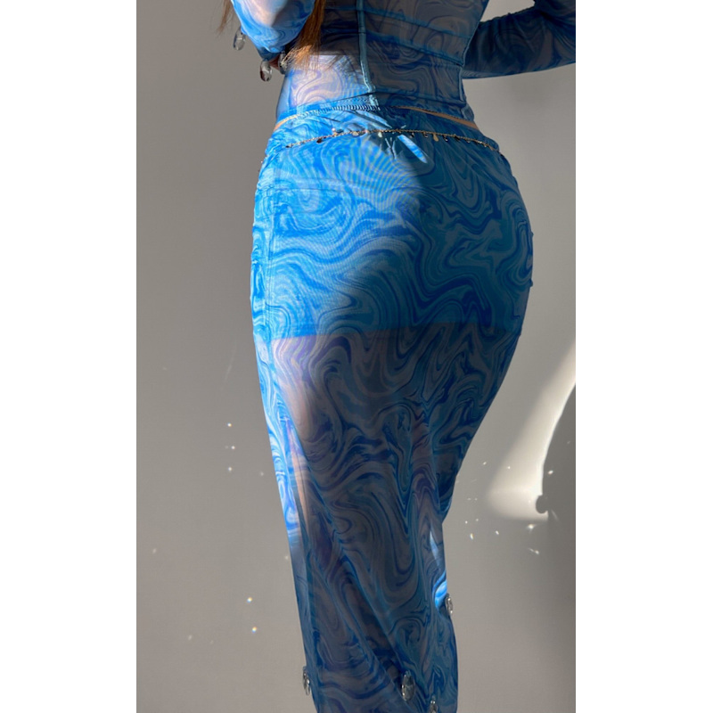 Siren Song Blue Ruched Skirt With Wave Print | Empress Mimi | Wolf & Badger