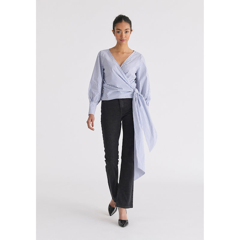 Striped Wrap Top With Waist Tie In White & Blue Stripes | PAISIE | Wolf ...