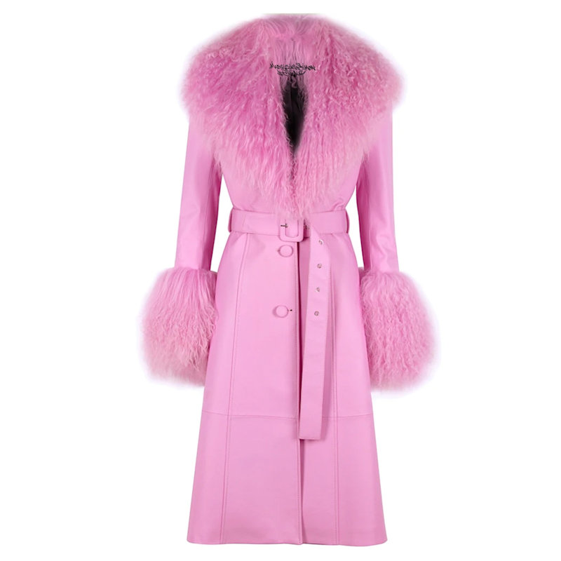 The Iconic Pink Long Sheepskin Coat Trench With Fur Poufs | MADELEINE ...