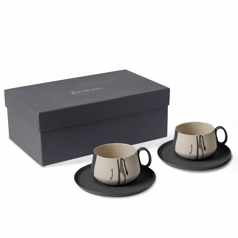 Tube Tea Cups With Saucer Set Of Two Color Wave Black Rock | Esma ...