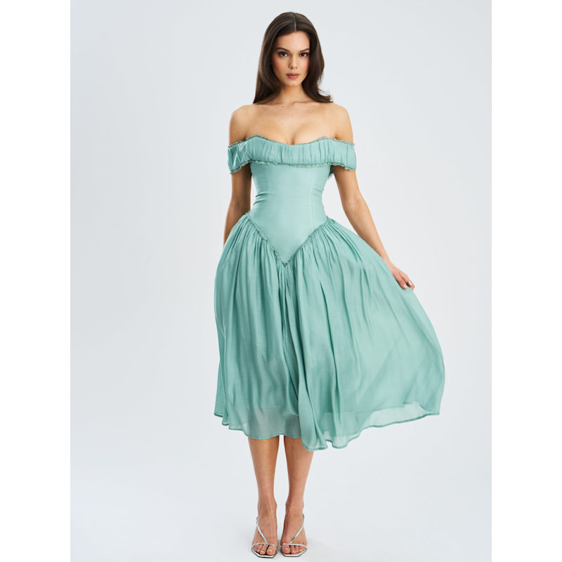 Xavy Teal Green Off Shoulder Corset Midi Dress | Miss Circle New York ...