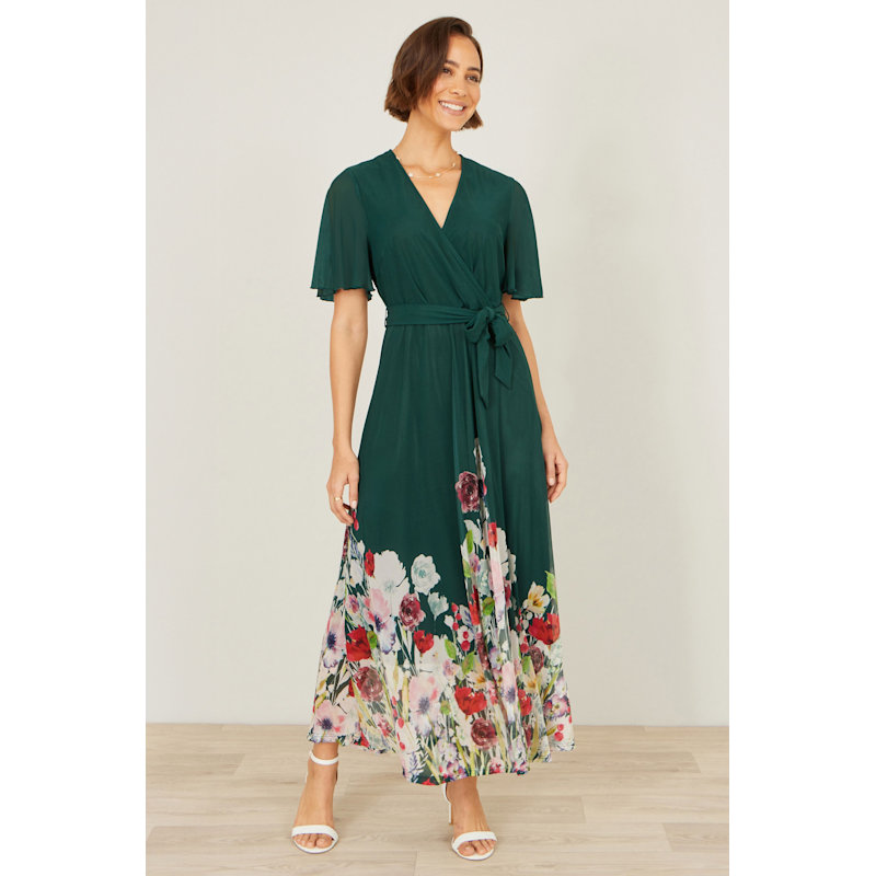 Yumi Green Mesh Wrap Midi Dress With Floral Hem Border | Yumi | Wolf ...