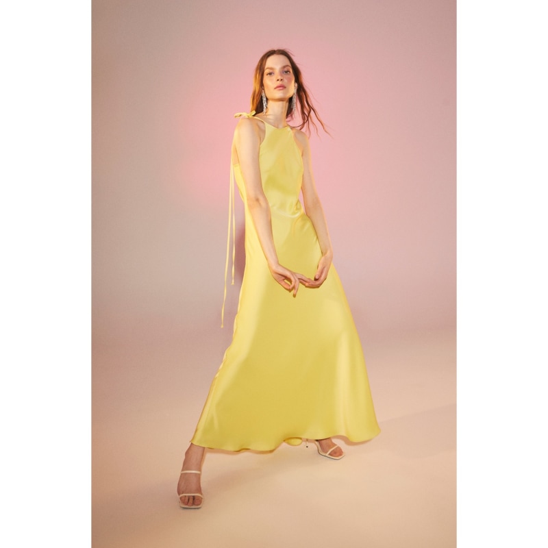 Addie Satin Long Dress In Lime Light | NAZLI CEREN | Wolf & Badger