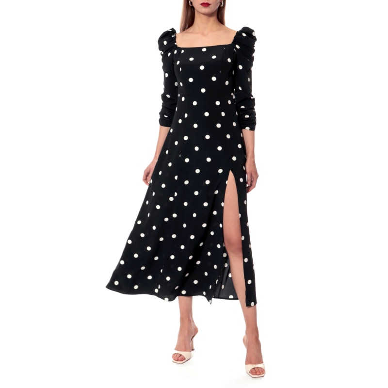 Amelie Walking Dots Puffed Sleeves Midi Dress | AGGI by HALEWSKI | Wolf & Badger