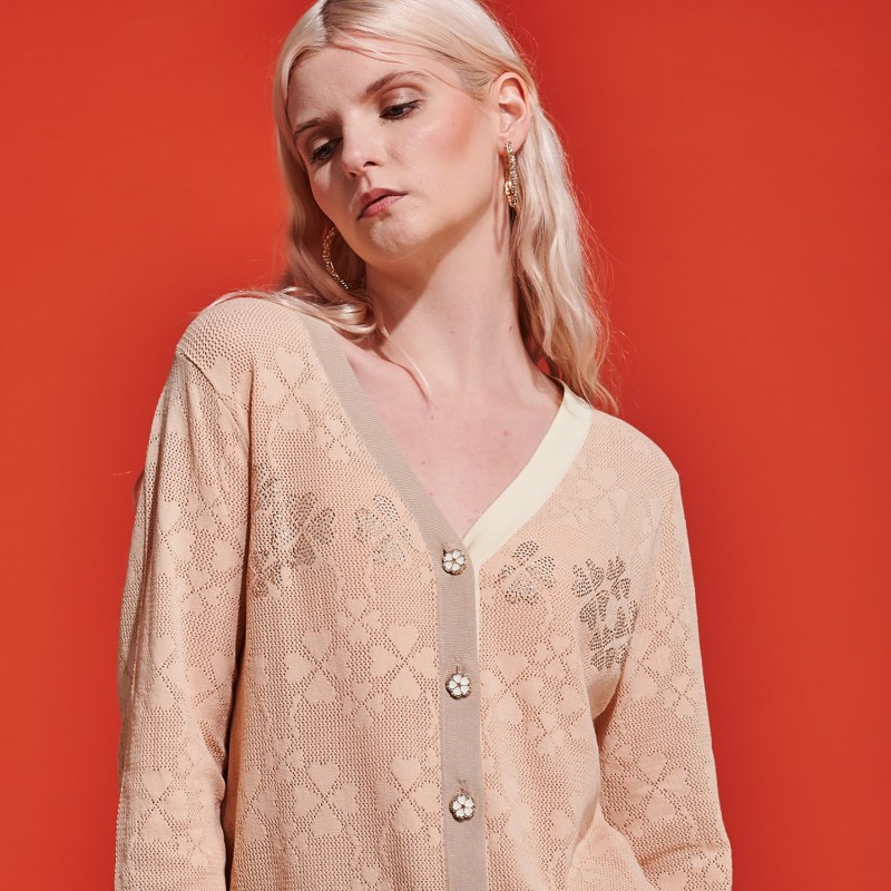 Apricot Pointelle Floral Stud Cardigan | Roch Perel | Wolf & Badger