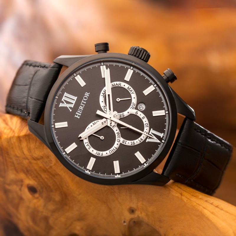 Benedict Leather-Band Watch with Day and Date - Black | Heritor ...