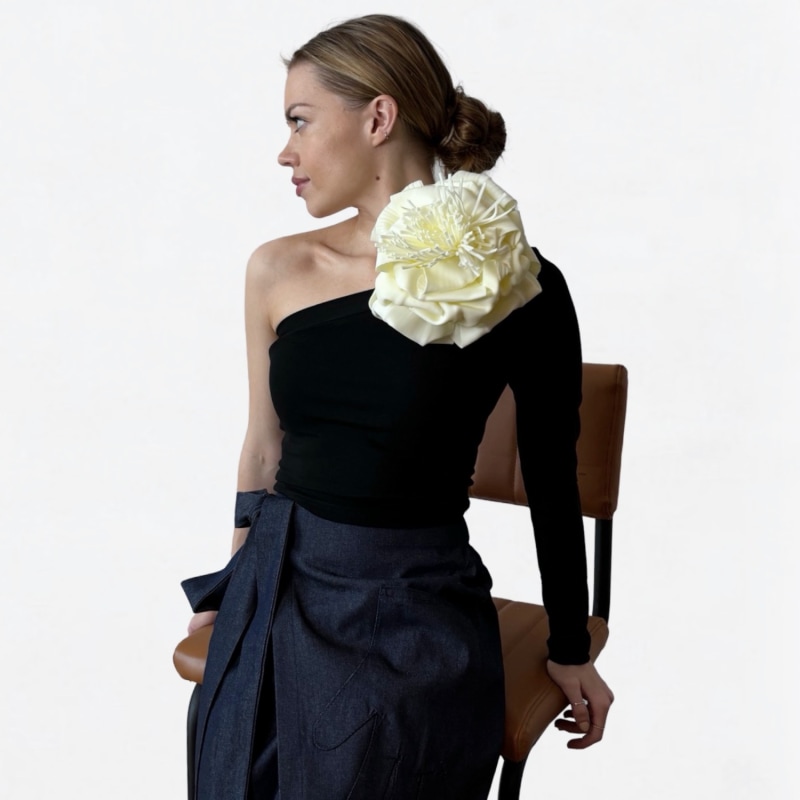 Black One Sleeve Top With White Flower Pin | London Atelier Byproduct ...