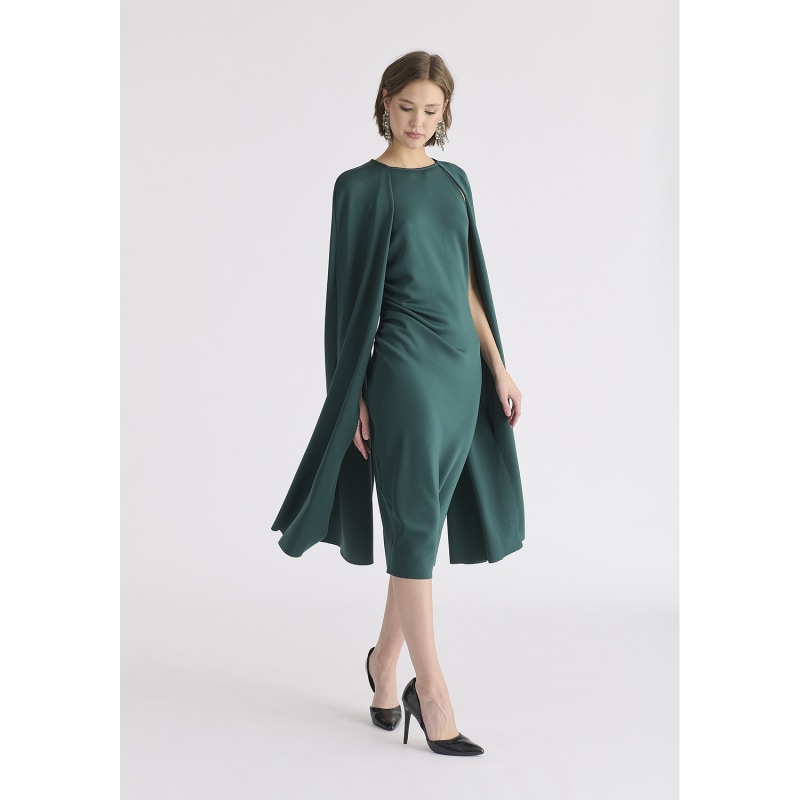 Cape Sleeves Dress With Waist Details In Green | PAISIE | Wolf & Badger