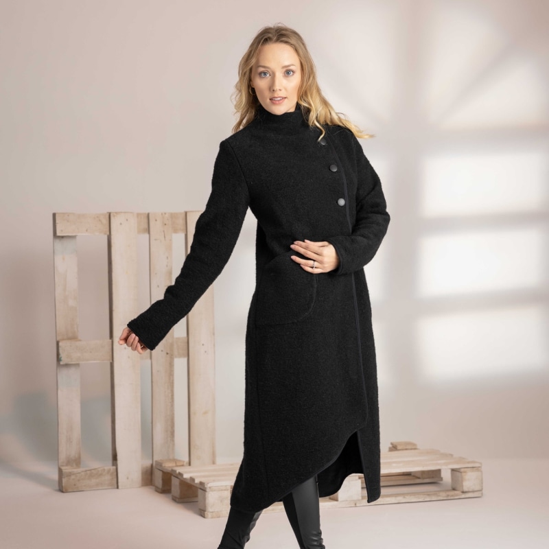 Wool Asymmetrical Wrap Cardigan Coat With Buttons And Pockets In Black ...