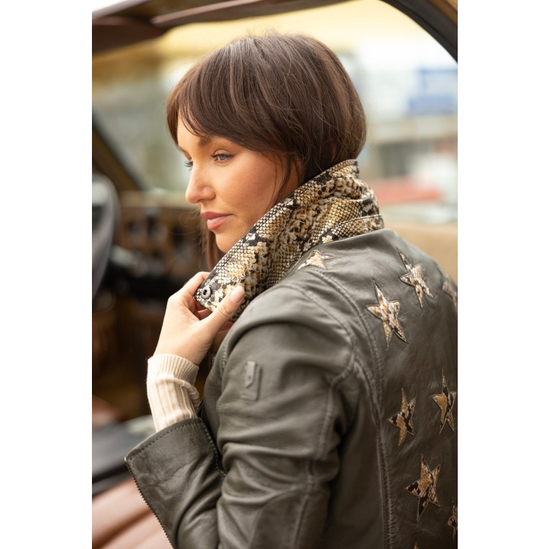 Christy Rf Star Detail Leather Jacket, Olive Snake | MAURITIUS | Wolf & Badger