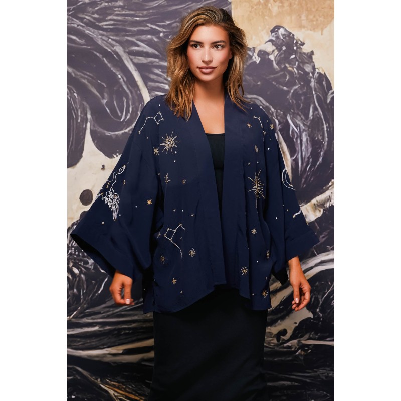 Cosmos Embroidered Navy, Ivory & Gold Fully Lined Short Kimono ...