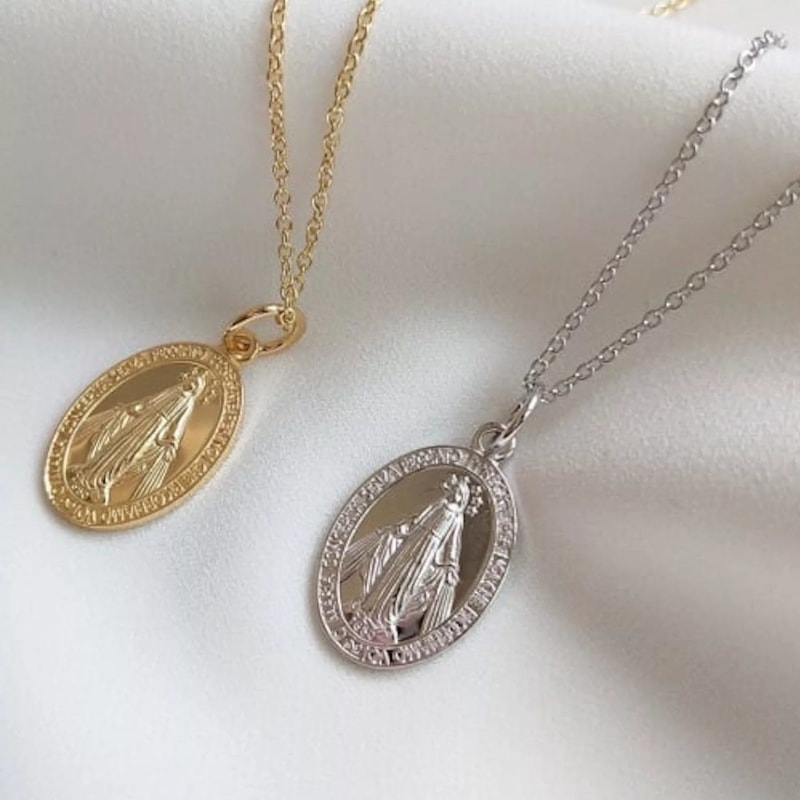 Dainty Sterling Silver Virgin Mary Miraculous Medal Choker Necklace ...