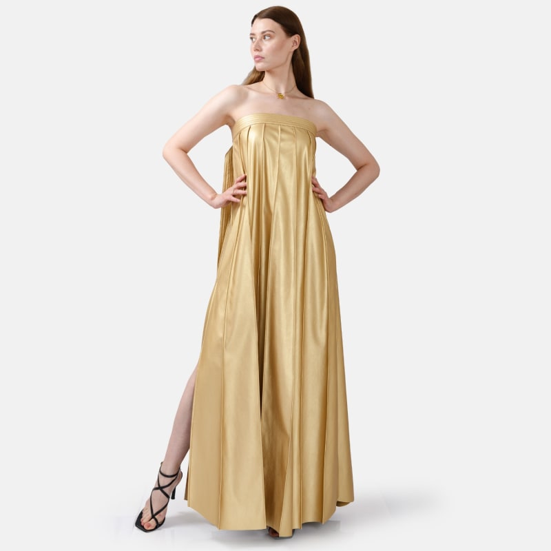 Desire – Gold Strapless Pleated Maxi Dress, Vegan Leather | Kargede ...