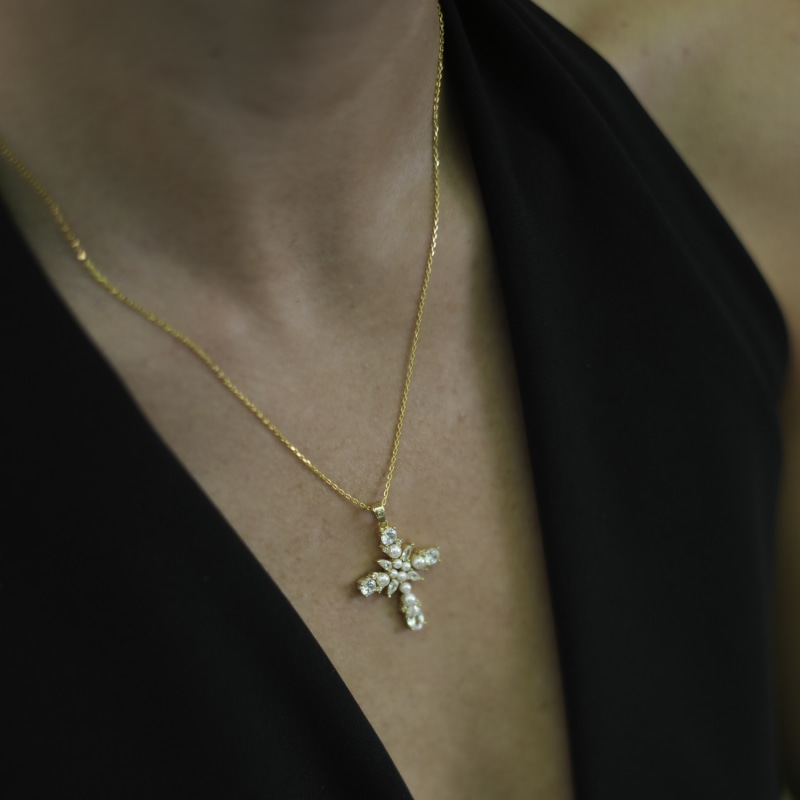 Divine Pearl & Diamond Cross Gold Chain Necklace - Gold | Ebru Jewelry ...