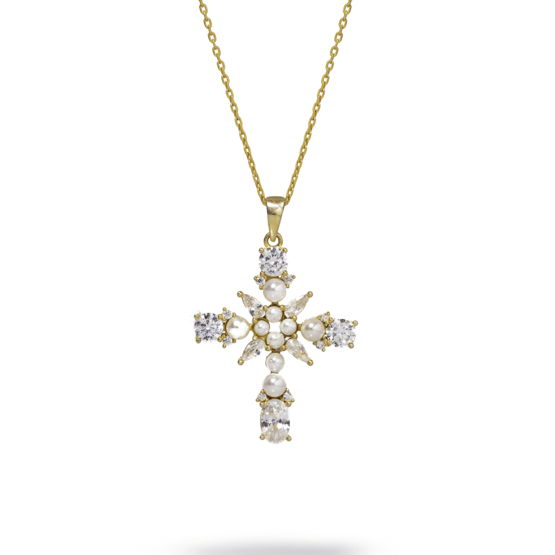Divine Pearl & Diamond Cross Gold Chain Necklace - Gold | Ebru Jewelry ...