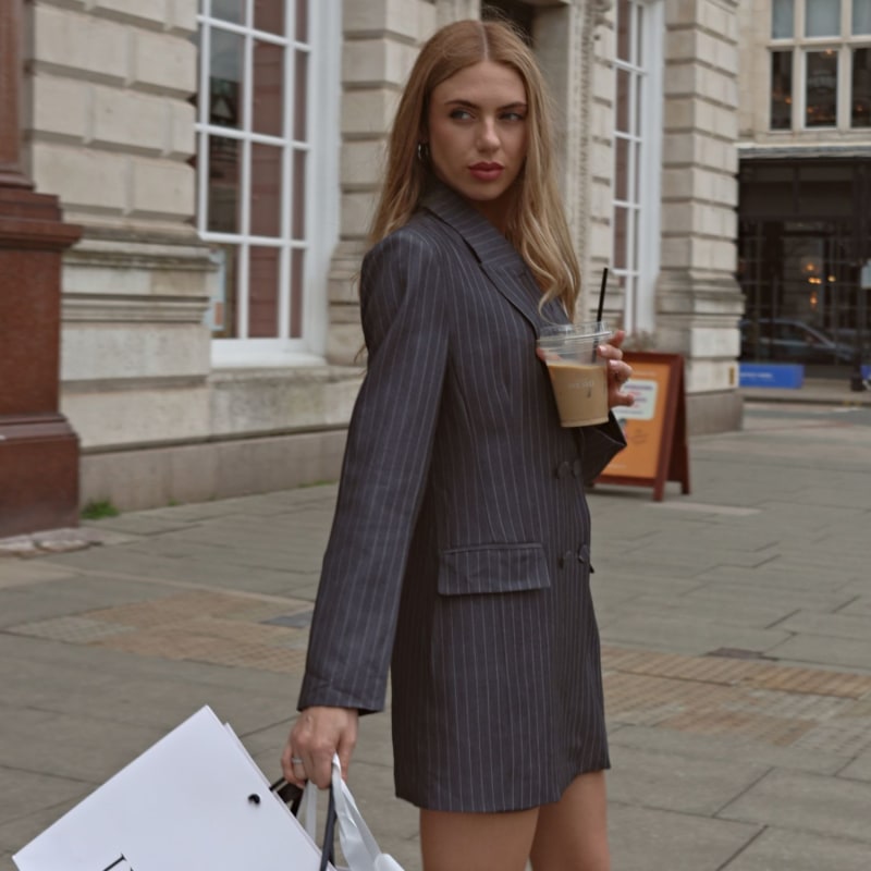 Double Breasted Mini Blazer Dress - Grey Pinstripe | UNUM DIEM | Wolf ...