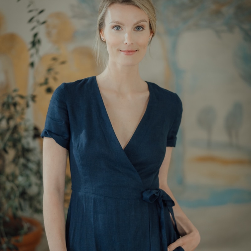 Elise Wrap Dress In Dark Blue Linen | LUXE HAPSAL | Wolf & Badger