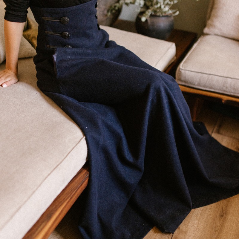 Empire Waist Maxi Wool Skirt With Double Row Buttons In Dark Blue Color ...