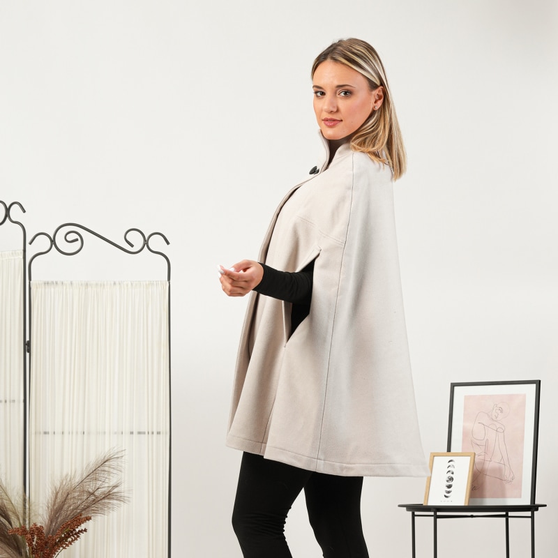 Wool Poncho Pea Coat With High Neck In Off White | Nikka Place | Wolf ...