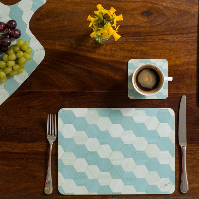 Four Table Mats Set In Light Blues And Grey Geometric Design. Heat ...