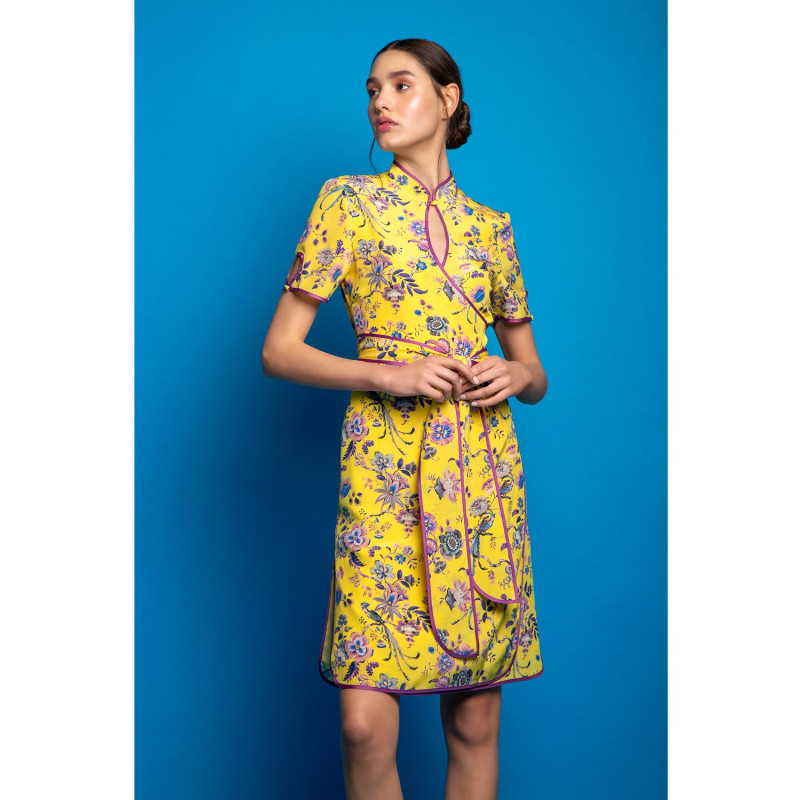 Akiko Kimono-Style Silk Wrap Dress With Oriental Print In Yellow ...