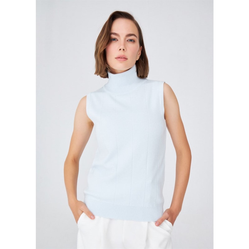 Slim Fit Sleeveless Turtle-Neck Blouse - Light Blue | Peraluna | Wolf ...