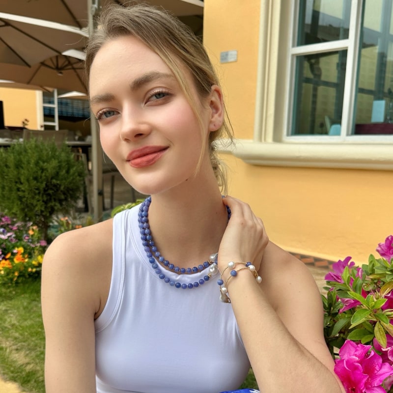 Blue Jade With Baroque Pearls Double Layers Necklace | Farra | Wolf ...