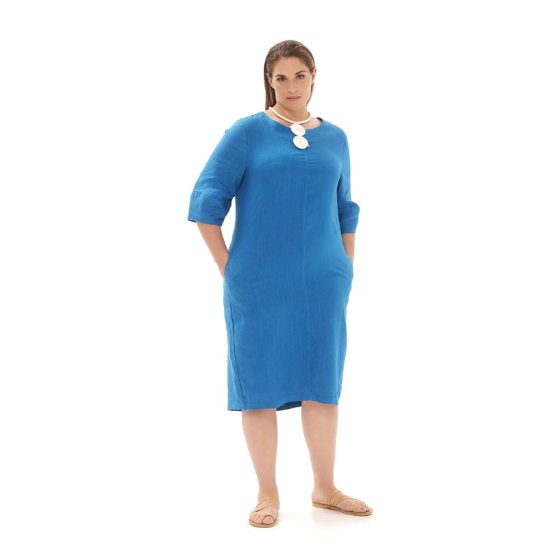 Keyhole Neckline Midi Linen Dress With Three Quarter Sleeve - Blue ...