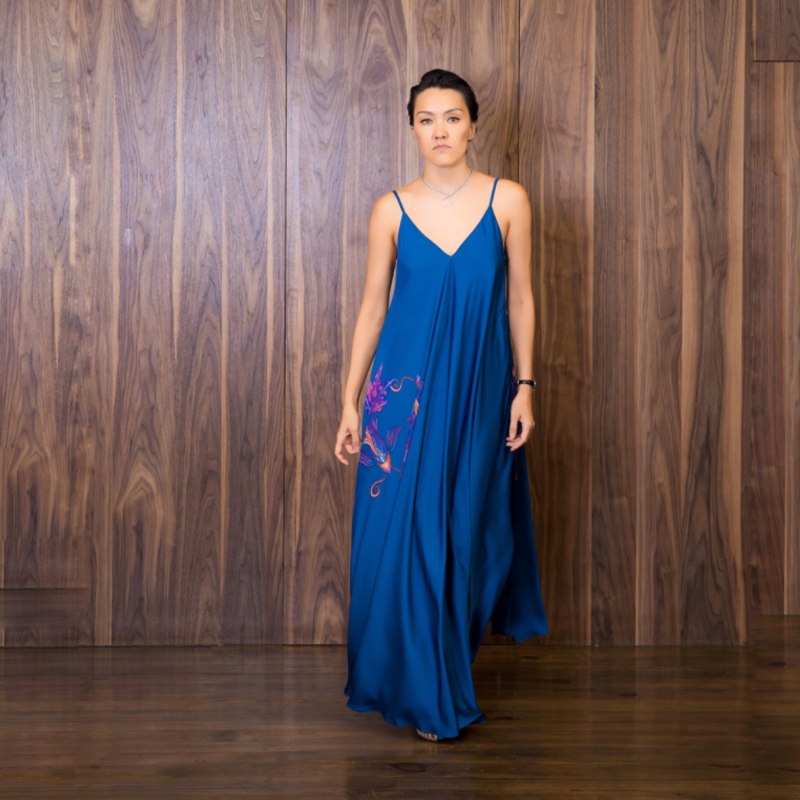 Blue Koi Fish Print Satin Bias Cut Slip Maxi Dress With Spaghetti ...