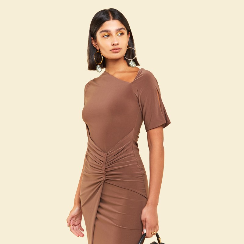 Latica Midi Dress In Woodsmoke Tan | Celestine & Mae | Wolf & Badger