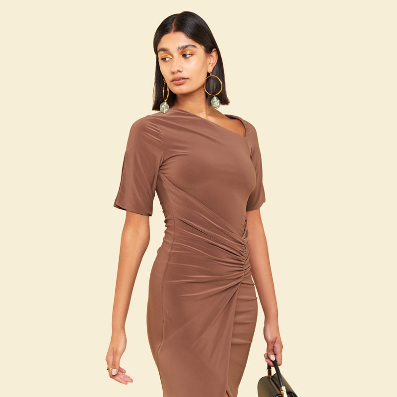 Latica Midi Dress In Woodsmoke Tan | Celestine & Mae | Wolf & Badger