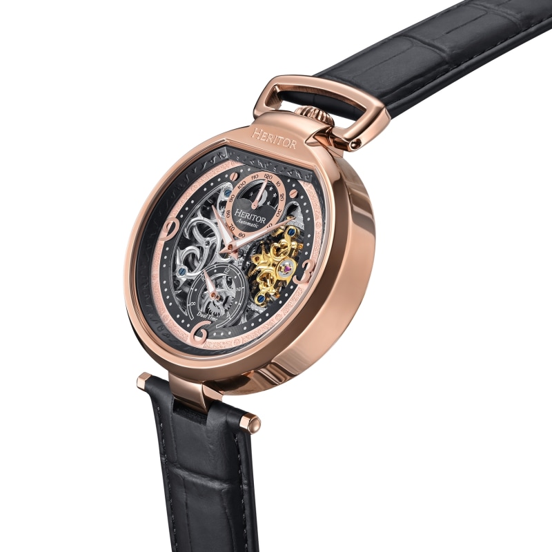 Lincoln Leather-Band Skeleton Watch with Dual Time and Moon Phase ...