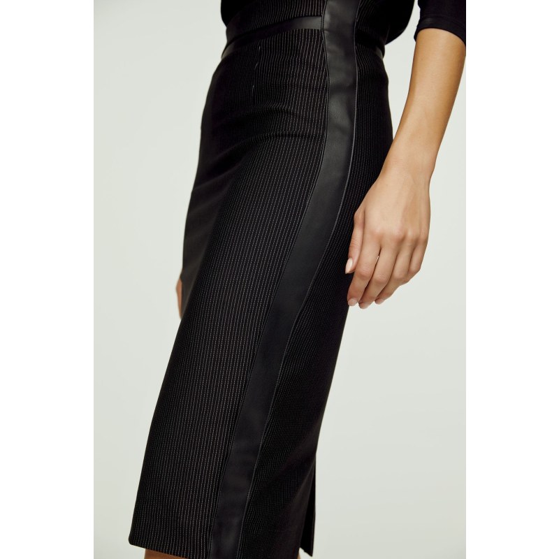High Waisted Black Pencil Skirt With Leather Detail | Conquista | Wolf & Badger