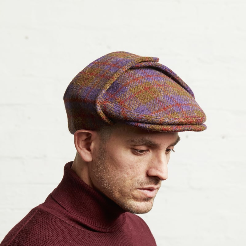 Logan Grape Tweed Wool Checks Italian Cap With Earflaps Trapper ...