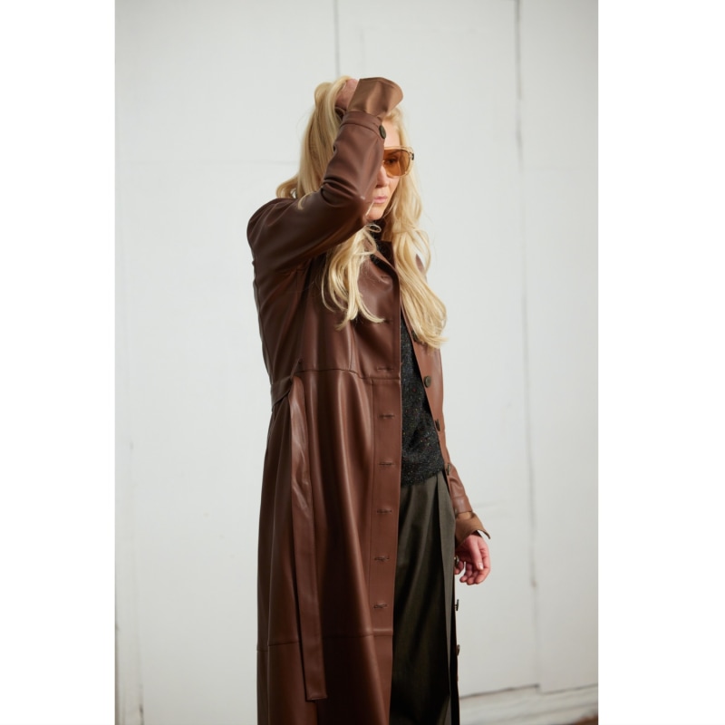 Long Button-Up Eco-Leather Trench - Brown | Julia Allert | Wolf & Badger