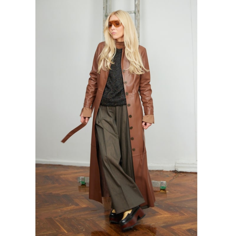 Long Button-Up Eco-Leather Trench - Brown | Julia Allert | Wolf & Badger