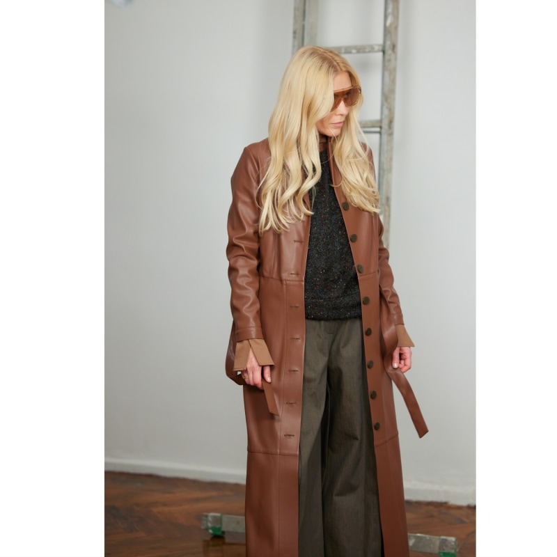 Long Button-Up Eco-Leather Trench - Brown | Julia Allert | Wolf & Badger