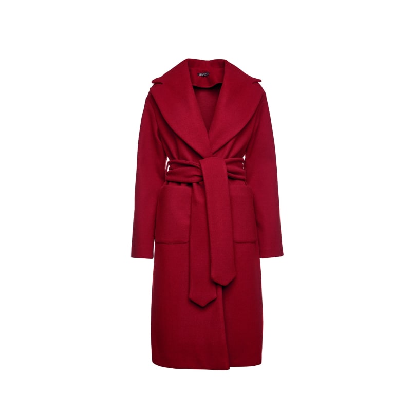 Long Dark Red Faux Mouflon Coat With Belt | Conquista | Wolf & Badger