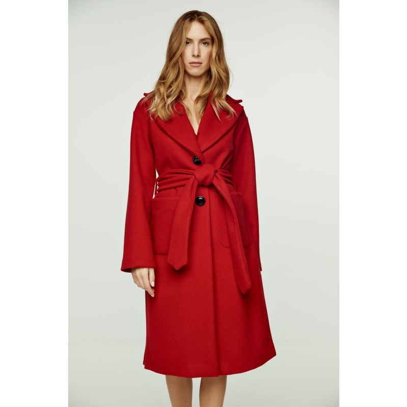 Long Dark Red Faux Mouflon Coat With Belt | Conquista | Wolf & Badger