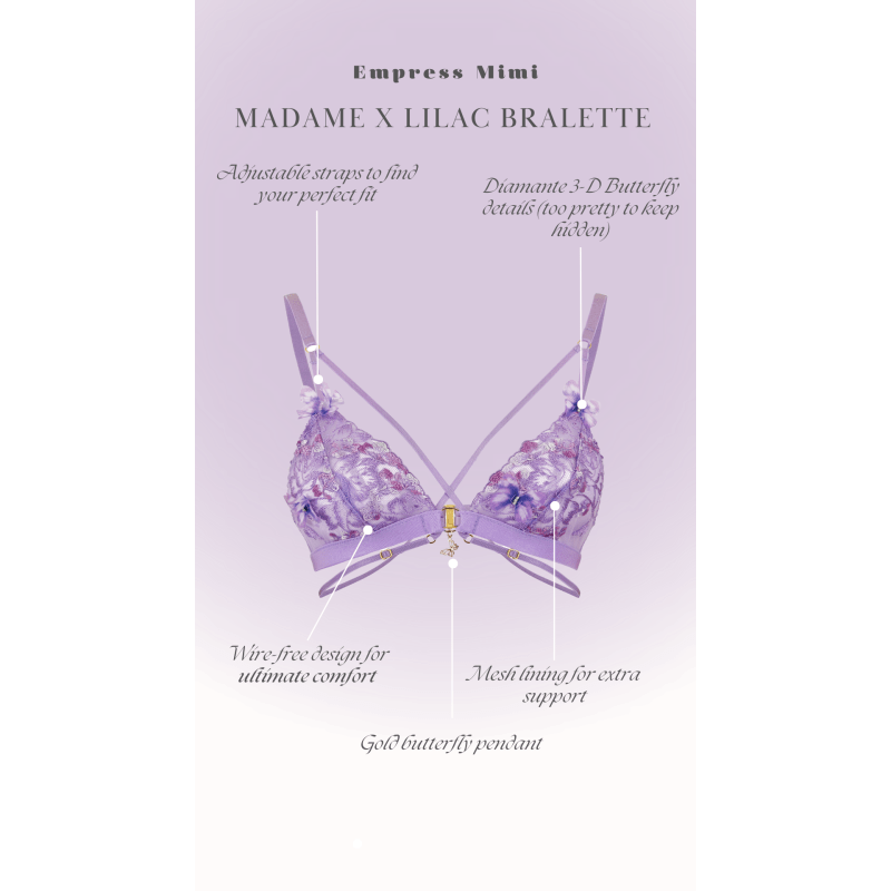 Madame X Lilac Lace Strappy Bralette With Butterfly Detail | Empress Mimi | Wolf & Badger