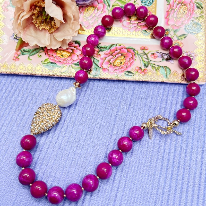 Magenta Gemstone With Baroque Pearl Pendant Statement Necklace | Farra ...