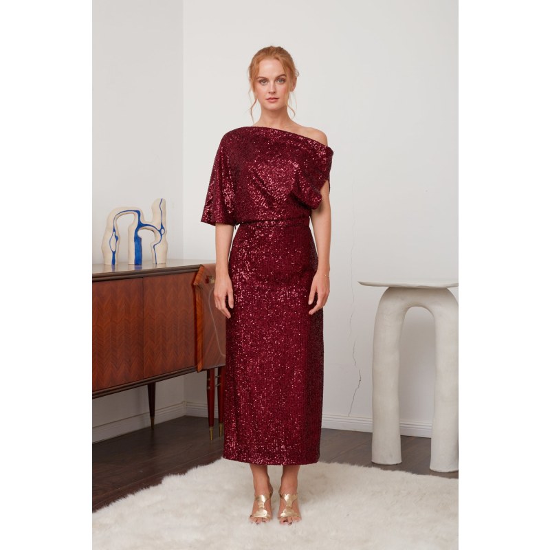 Margo Dark Red Sequin Asymmetric Cocktail Midi Dress | UNDRESS | Wolf ...