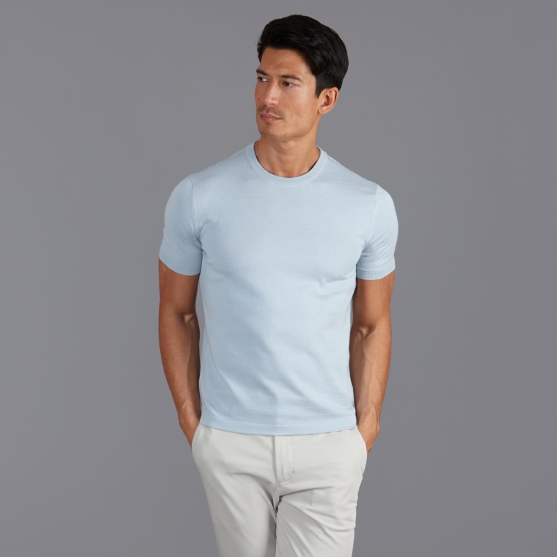Mens Ultra-Fine Cotton Hugo Knitted T-Shirt - Chalk Blue | Paul James ...