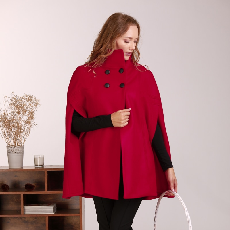 Wool Poncho Cloak Coat With Buttons & High Neck In Raspberry Color ...