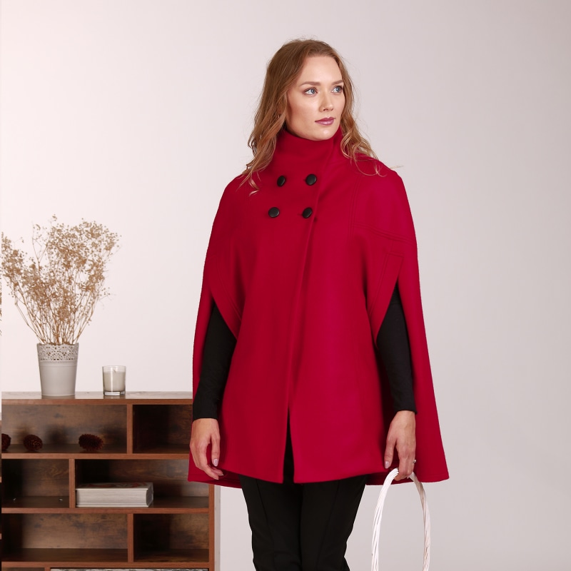 Wool Poncho Cloak Coat With Buttons & High Neck In Raspberry Color ...