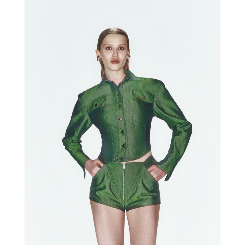 Night Till Dawn Corset Denim Jacket In Green | Khela the Label | Wolf ...
